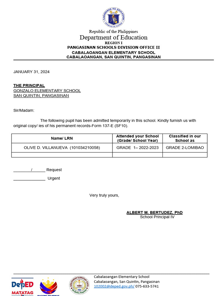 Request Letter For SF10 23 24 | PDF | Government | Philippines