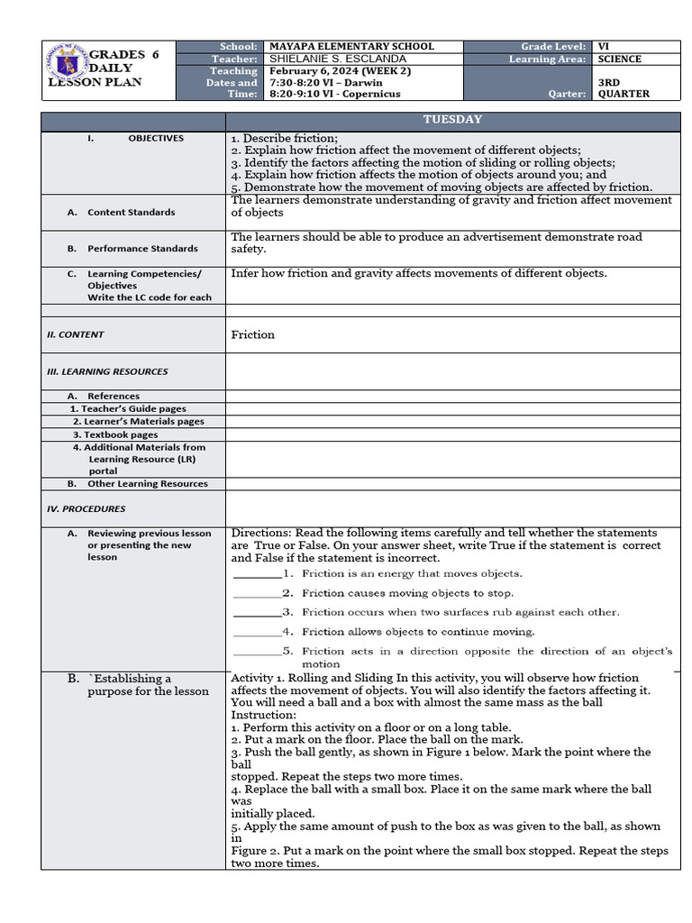 Science 3rd QTR WEEK 1 Day 2FEb.1 | PDF | Friction | Learning