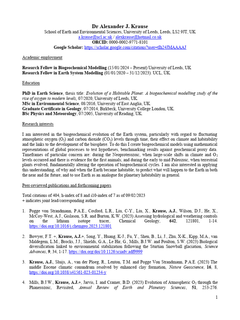 Krause Academic CV Feb24 | PDF | Earth Sciences | Planetary Habitability