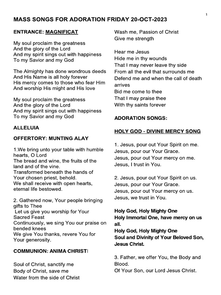 Mass Songs For Adoration Friday 20-Oct-2023 | PDF