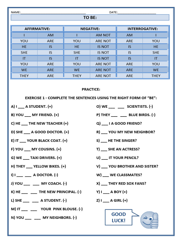 English Verb "To Be" Practice Sheet | PDF