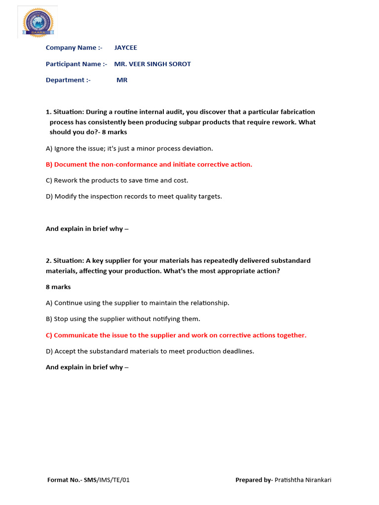 ISO Question Paper | PDF | Iso 9000 | Business