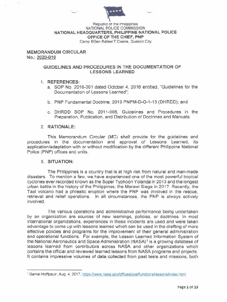 PNPMC 2020-010 Guidelines and Procedures in The Documentation of Lessons Learned | PDF