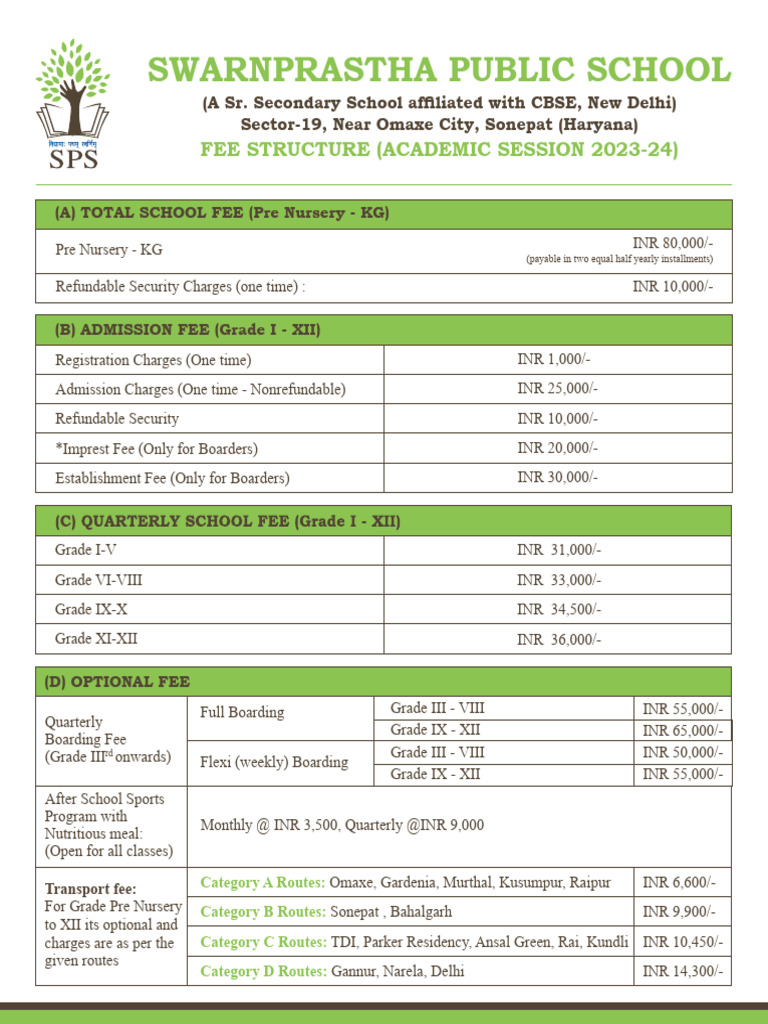 Sps Fee Structure 2023 24 | PDF | Services (Economics) | Payments