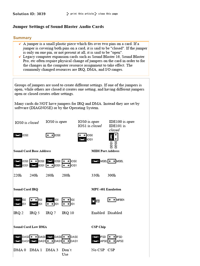 Jumper Settings of Sound Blaster Audio Cards | PDF