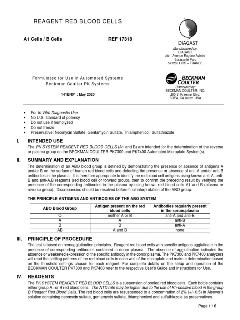 Package Insert Reagent Red Blood Cells A1 Cells B Cells | PDF | Blood ...