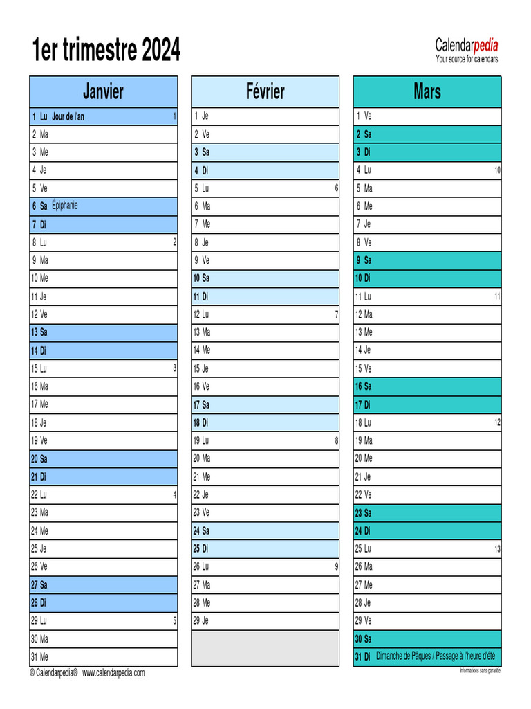 Calendrier Trimestriel 2024 Paysage en Couleur | PDF