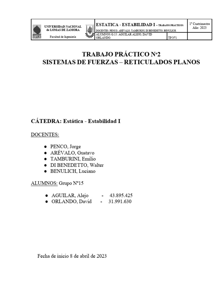 ESTATICA-TP Nº2-G.15-Rev 00 | PDF | Ingeniero civil | Mecánica