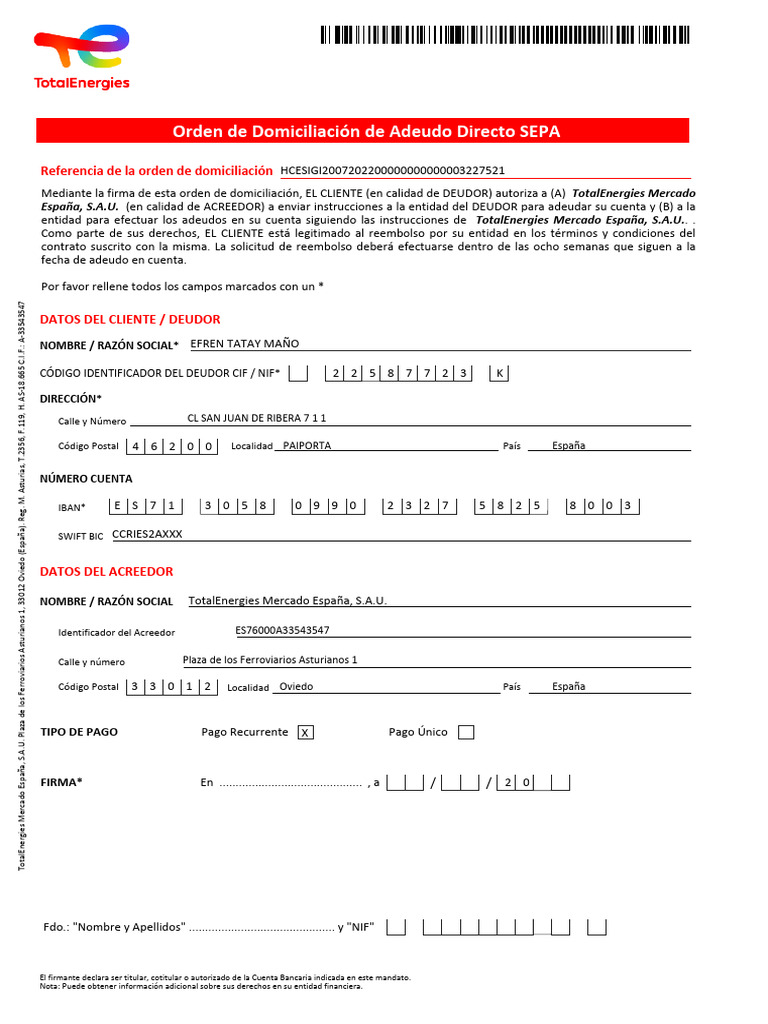 Orden de Domiciliación de Adeudo Directo SEPA | PDF