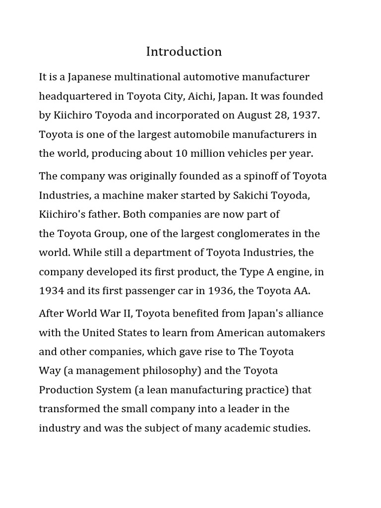 Introduction On Toyota Company | PDF | Toyota | Vehicles