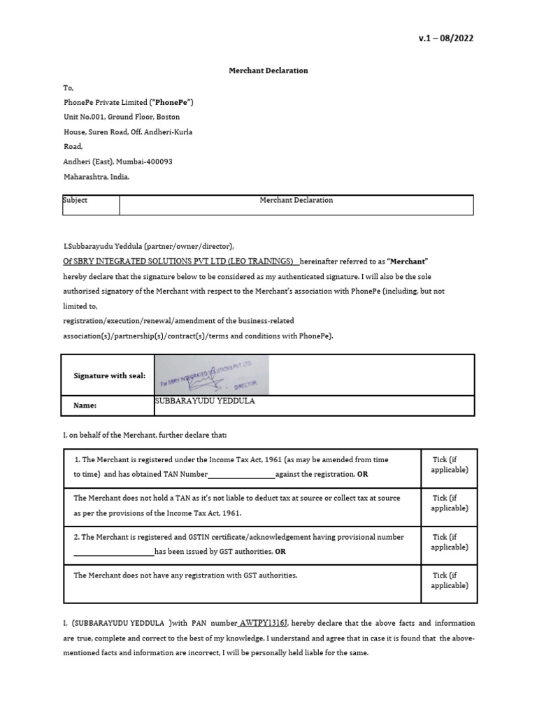 Merchant Declaration for PhonePe Registration | PDF | Justice | Crime ...