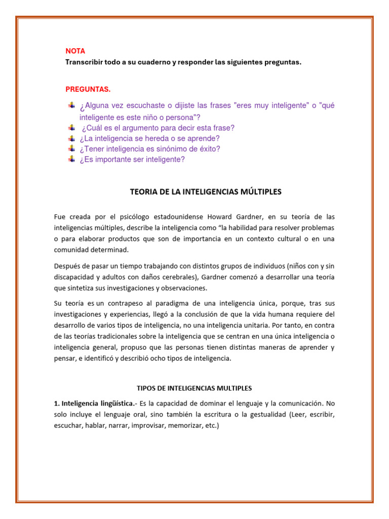 Teoria de La Inteligencias Múltiples | PDF | Inteligencia | Aprendizaje