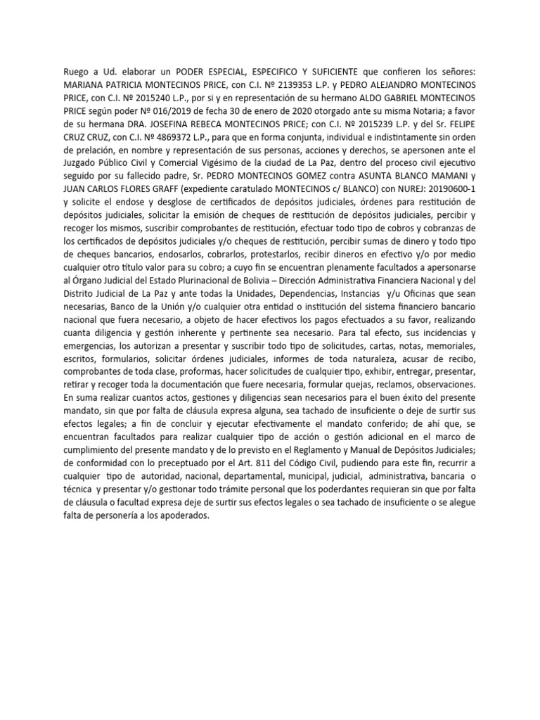 ASUNTA BLANCO. 20 Poder para Cobro de Depósitos Judiciales | PDF | Bancos | Cheque