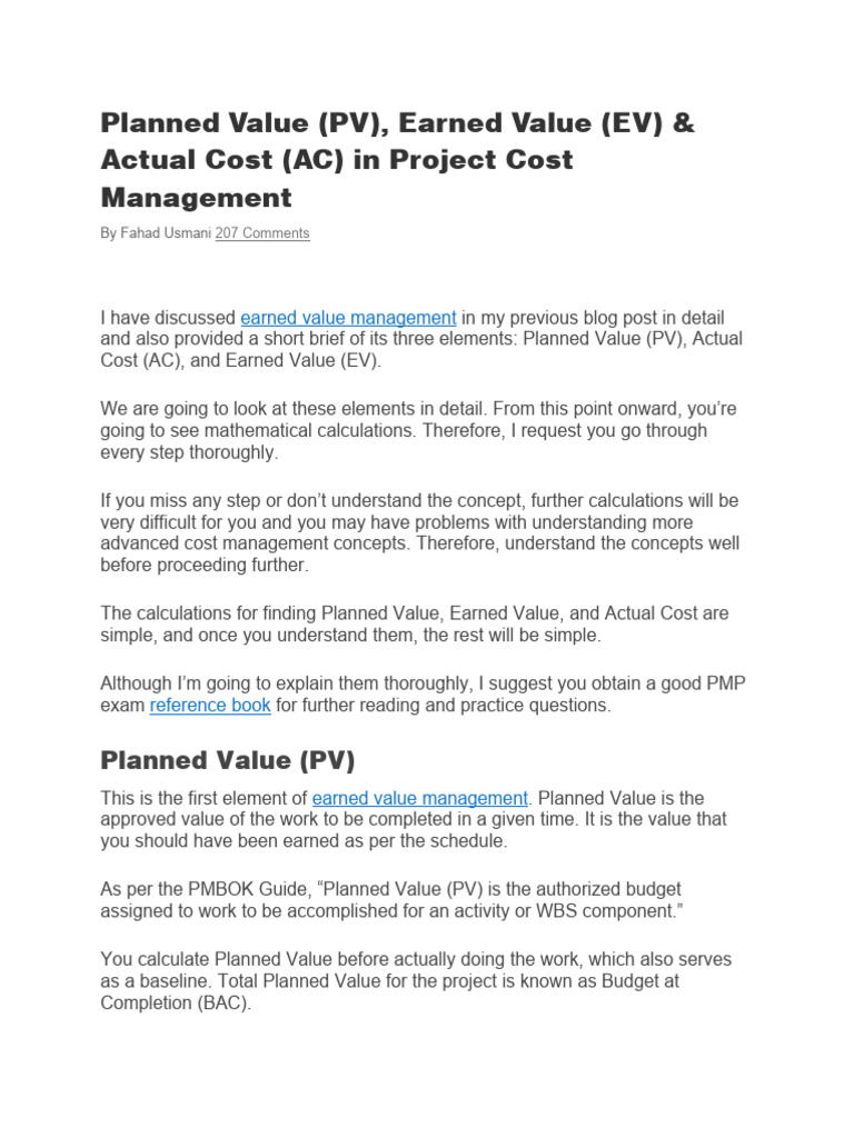 Planned Value (PV), Earned Value (EV) & Actual Cost (AC) | PDF | Analysis