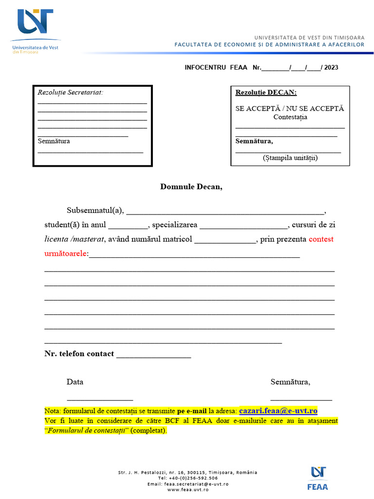 Formular Contestatii Cazare Feaa 2023 | PDF