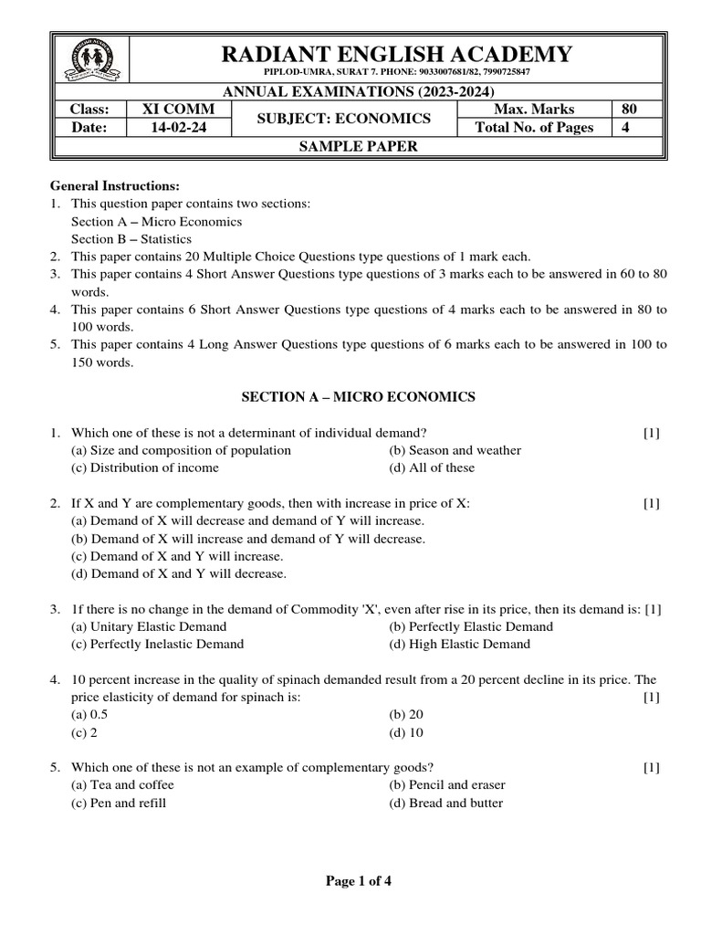 Economics Sample Paper 2023-24 | PDF