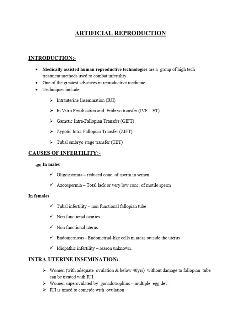 Artificial Reproduction | PDF | In Vitro Fertilisation | Infertility