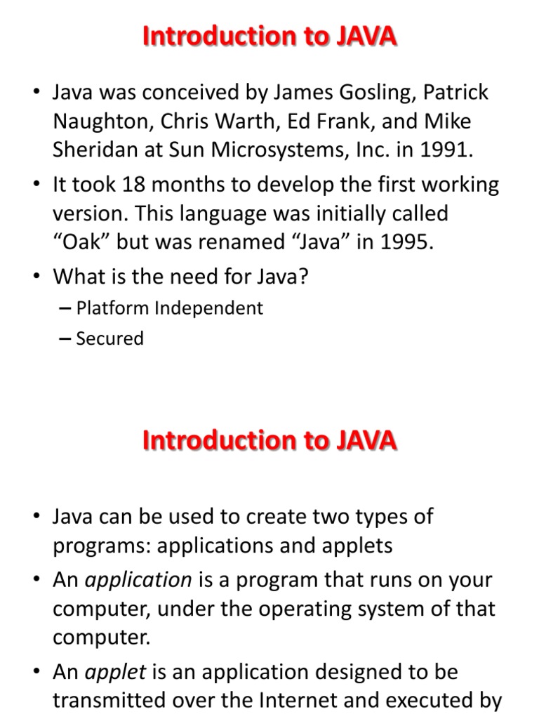 Introduction To JAVA: - Platform Independent - Secured | PDF | Data ...