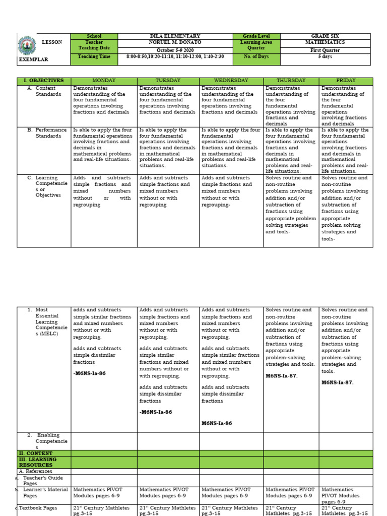 Daily Lesson Log Template | PDF | Mathematics | Decimal