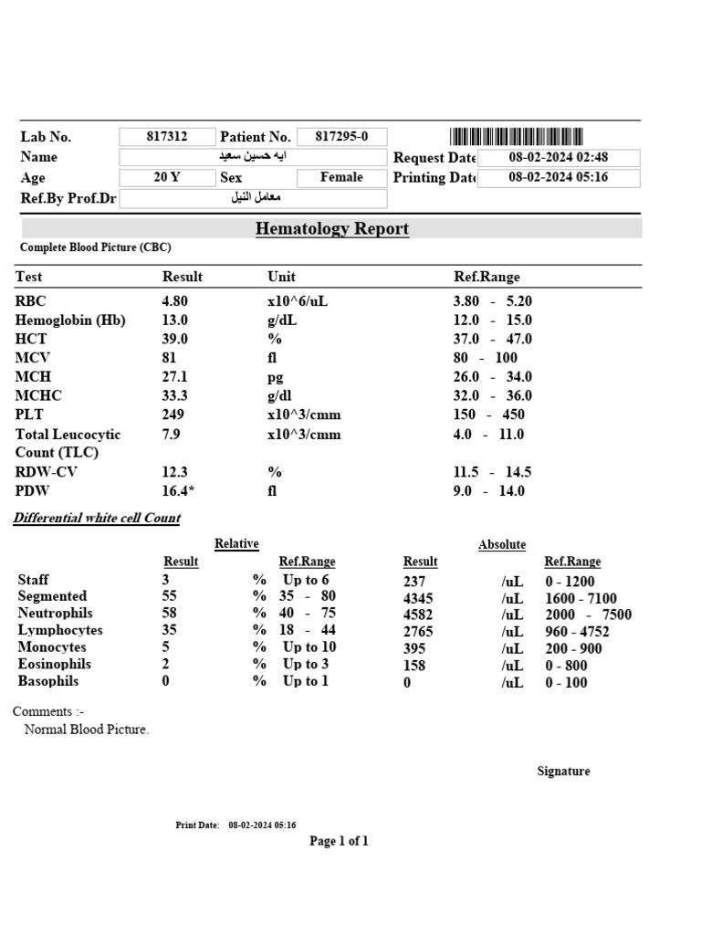 Hematology Report: Test Result Ref - Range Unit | PDF | White Blood ...