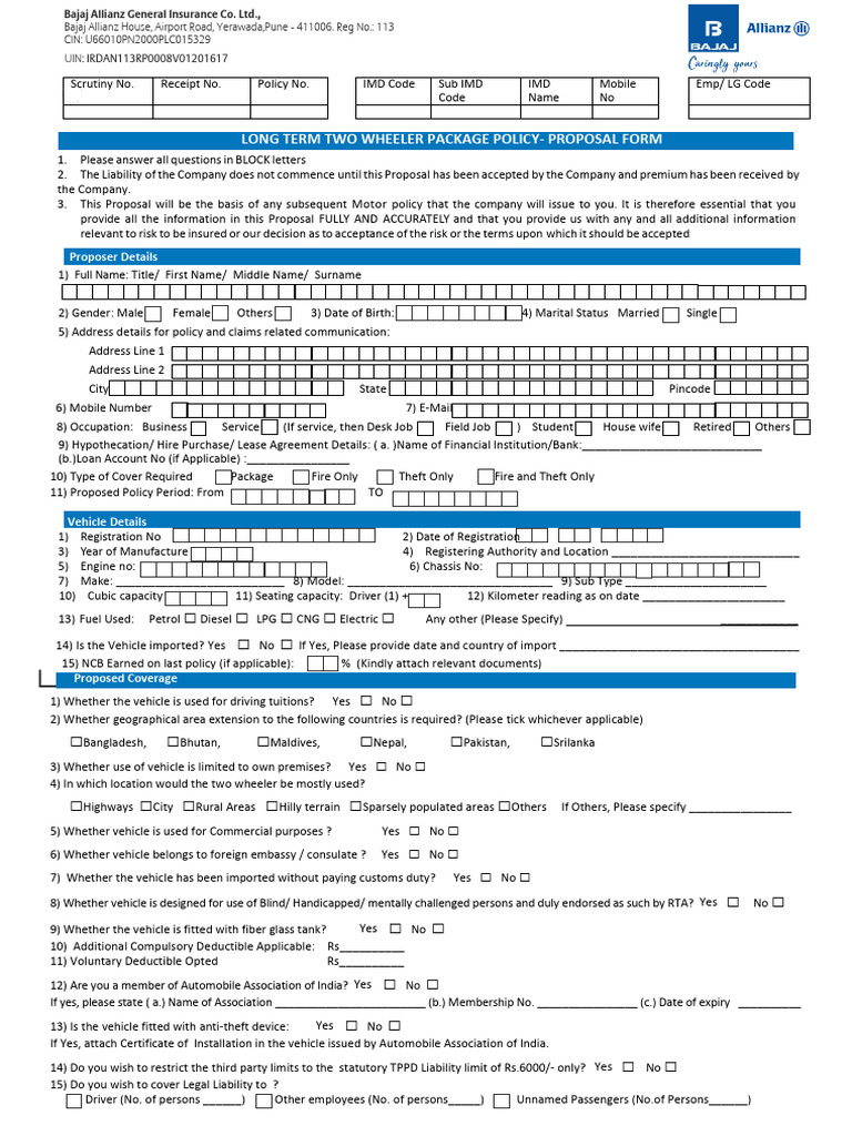 Long Term Two Wheeler Insurance Proposal | PDF | Insurance | Deductible