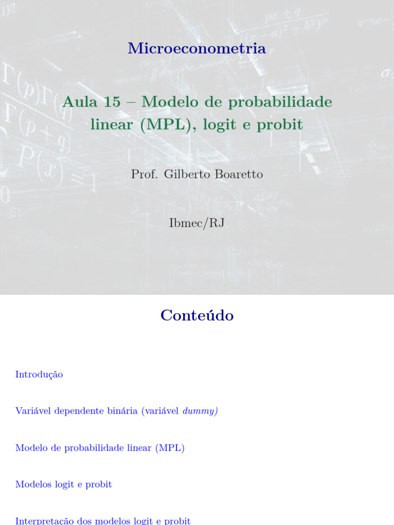 Aula15 - MPL, Logit e Probit | PDF | Teoria Estatística | Matemática