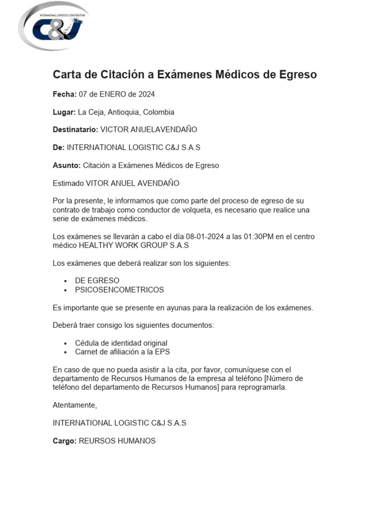 Carta de Citacion de Examenes Medicos | PDF