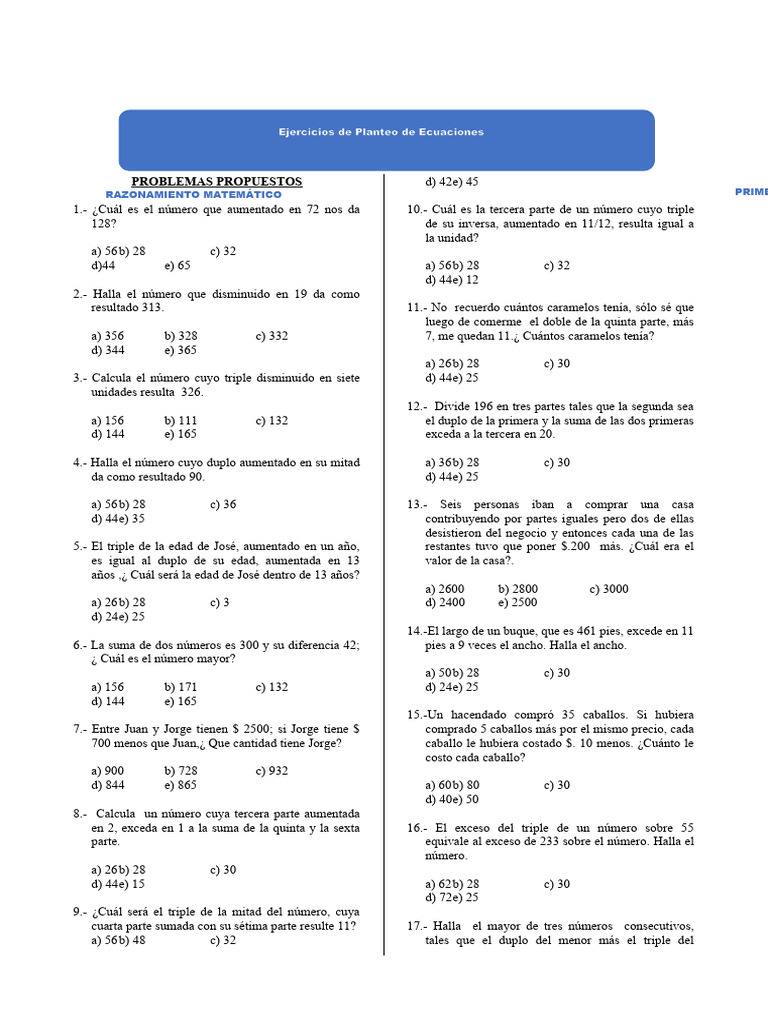 Ejercicios de Planteo de Ecuaciones para Primero de Secundaria | PDF