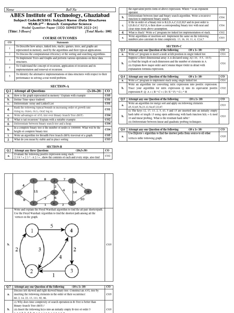 Model Paper 1 Bcs 301 2nd Year Ds Pdf Time Complexity Computer Data