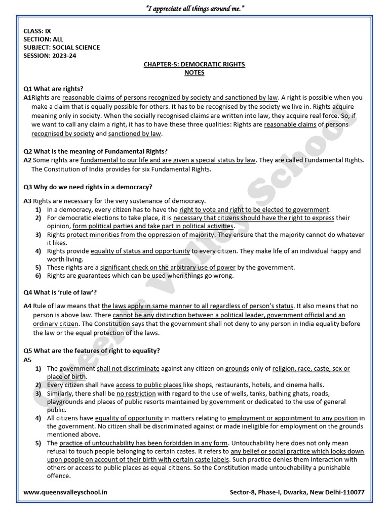 Class Ix - Social Science - Democratic Rights Notes | PDF | Human ...