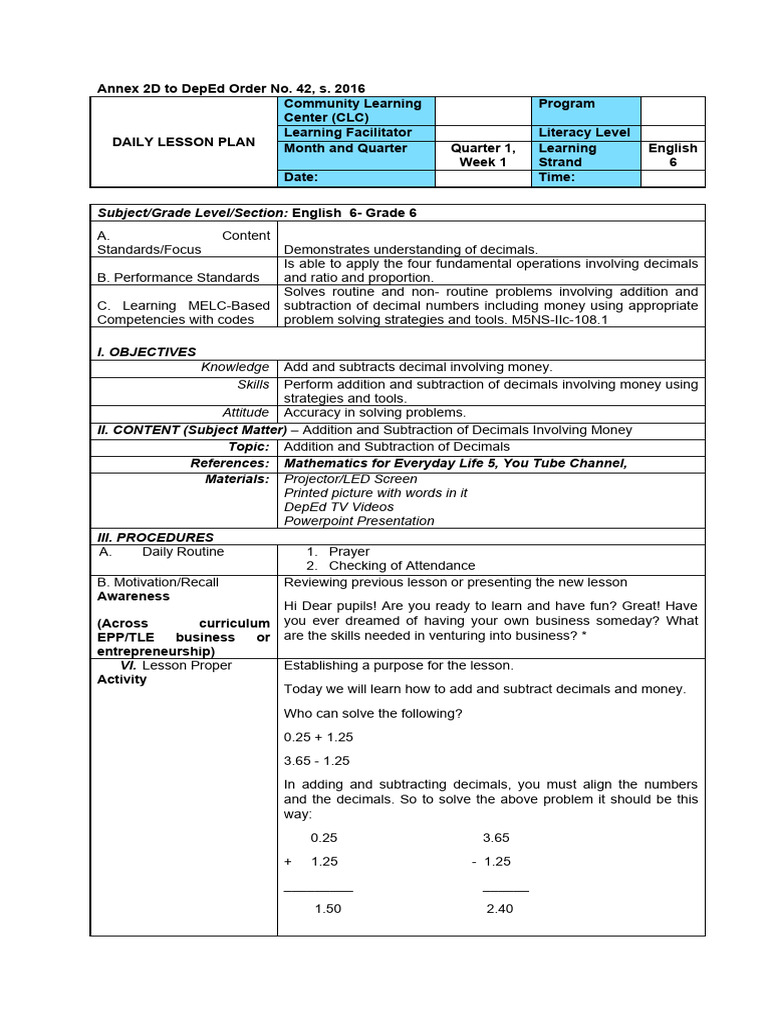 Daily Lesson Plan: Decimals in Money | PDF | Learning | Multiplication