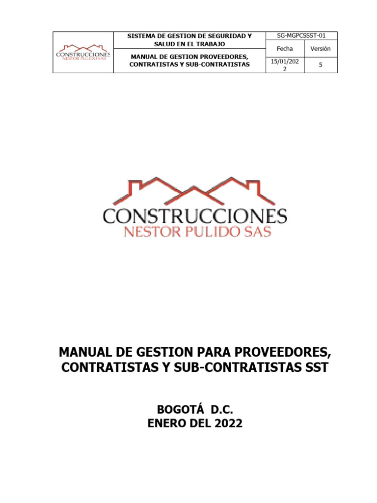 SG-MGPCSSST - 01 (Manual de Gestion para Proveedores, Contratistas y Subcontratistas) | PDF ...
