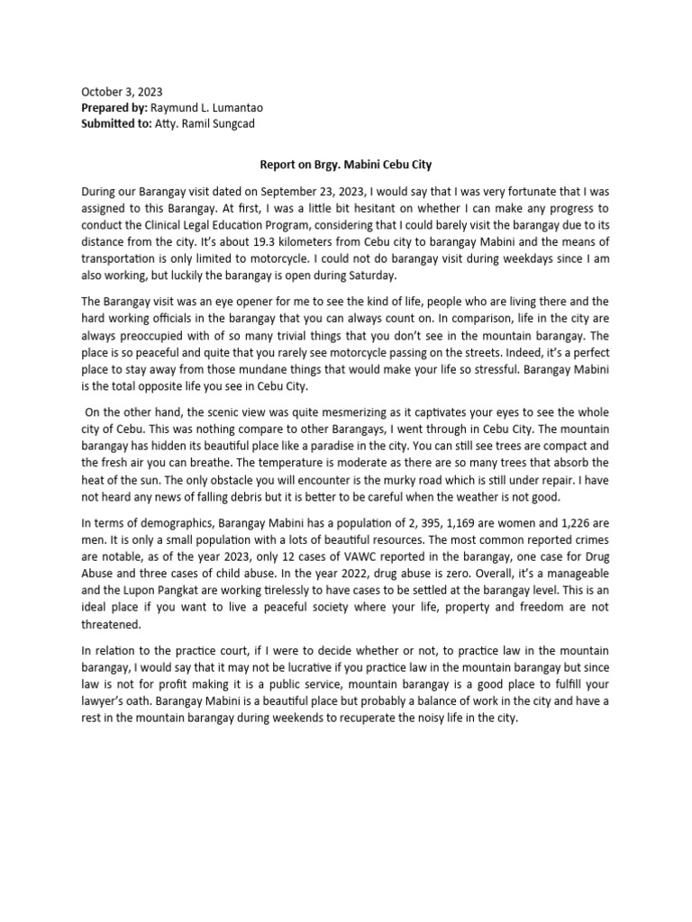 Report On Barangay Mabini | PDF | Justice | Crime & Violence