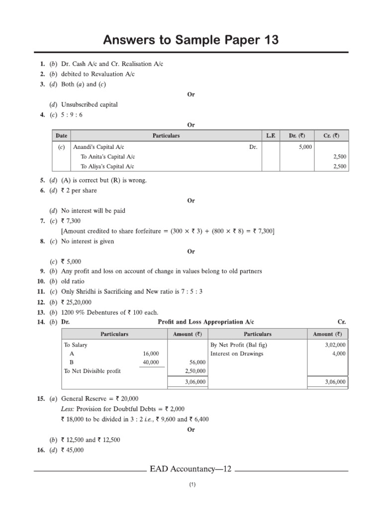 Cbse Cl12 Ead Accountancy Answers To Sample Paper 13 | PDF