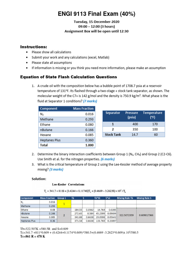 Engi 9113 (2020) - Final Exam Solution | PDF | Barrel (Unit) | Gases