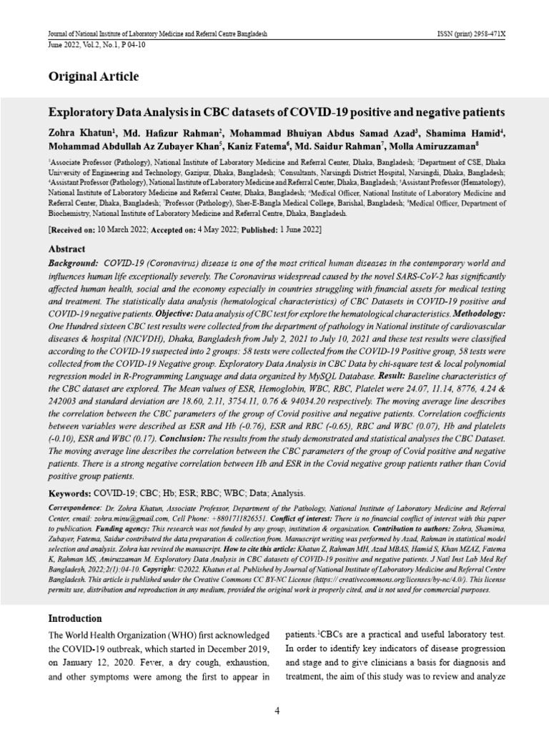 Exploratory Data Analysis in CBC datasets of COVID-19 positive and ...