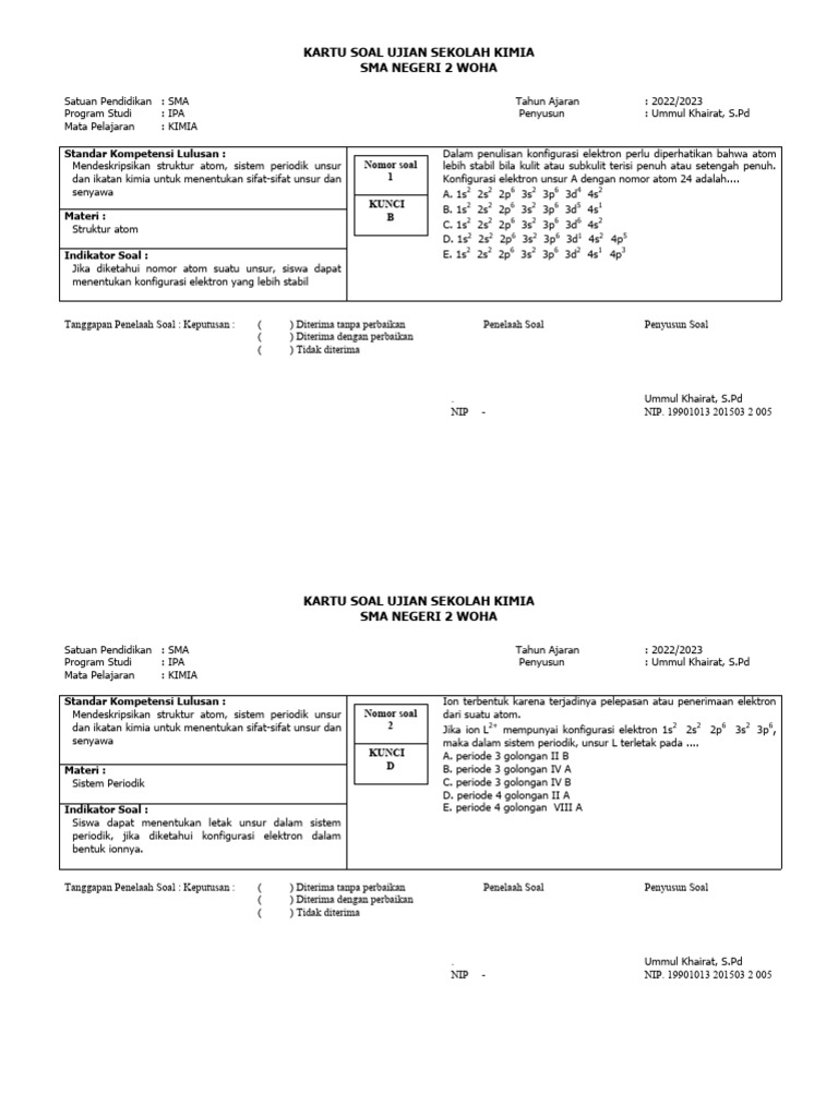 Kartu Soal Us Kimia 2022-2023 | PDF