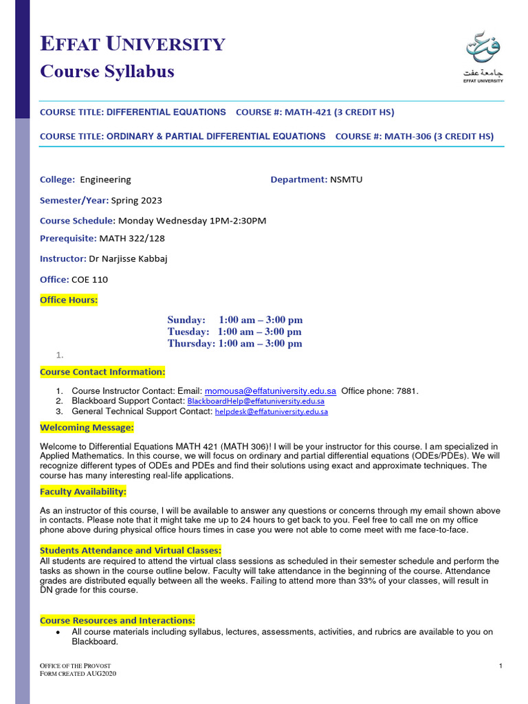 Syllabus MATH421 Diif Eqs Sp23 | PDF | Differential Equations | Equations