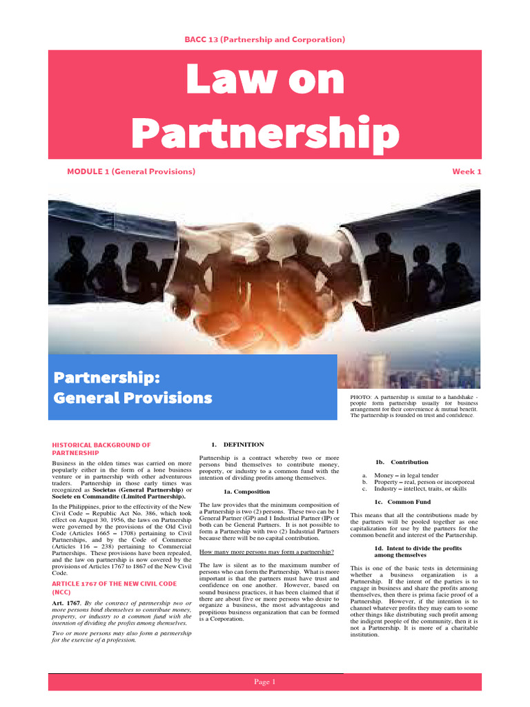 Module 1 Law On Partnership General Provisions | PDF | Partnership | Property
