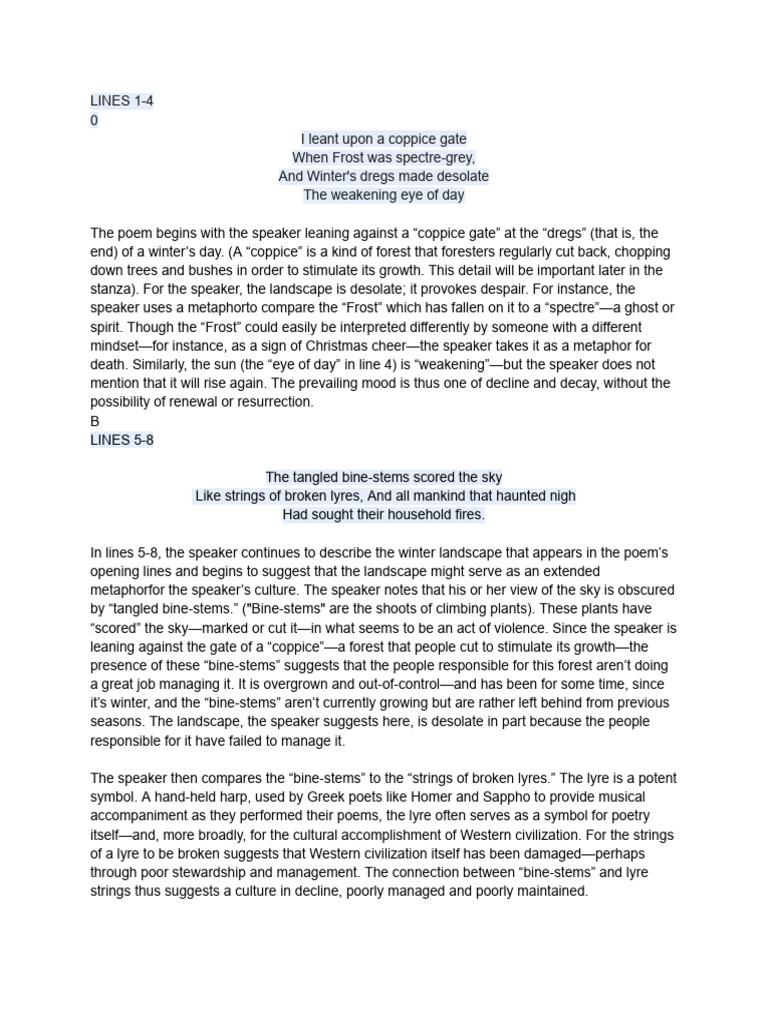 The Darkling Thrush - Line by Line translation from litcharts | PDF ...