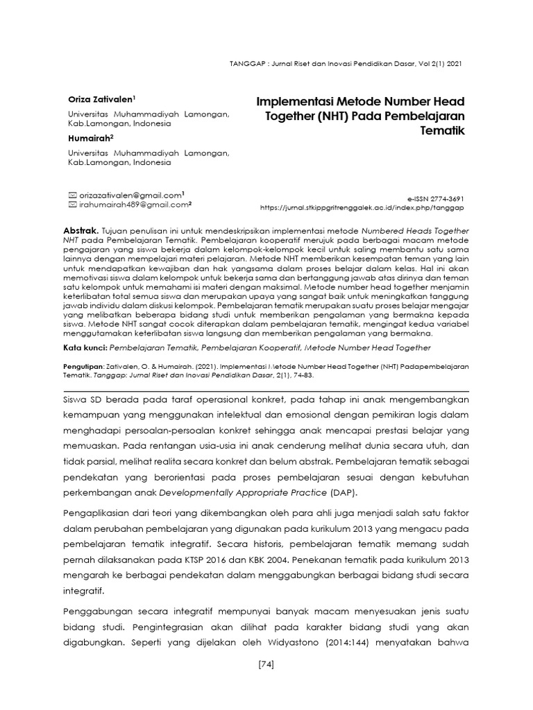 Implementasi Metode Number Head Together (NHT) Pada Pembelajaran Tematik | PDF | Sains & Matematika