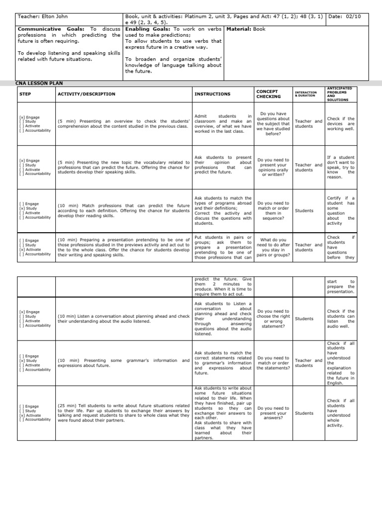 Class Plan Platinum 2 Teacher Elton | PDF | Teachers | Lesson Plan