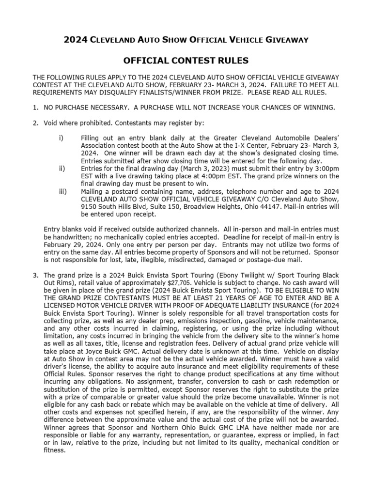 2024 Auto Show vehicle giveaway rules | PDF | Vehicle Insurance ...