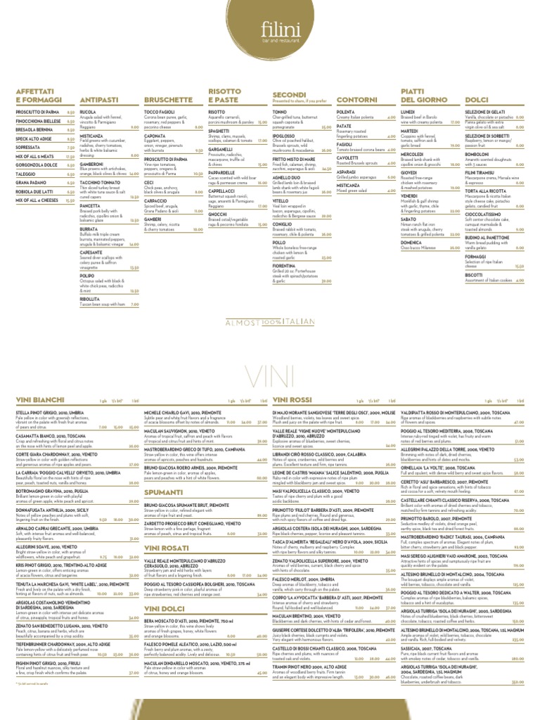 Filini Restaurant Menu Overview | PDF | Foods | Viniculture