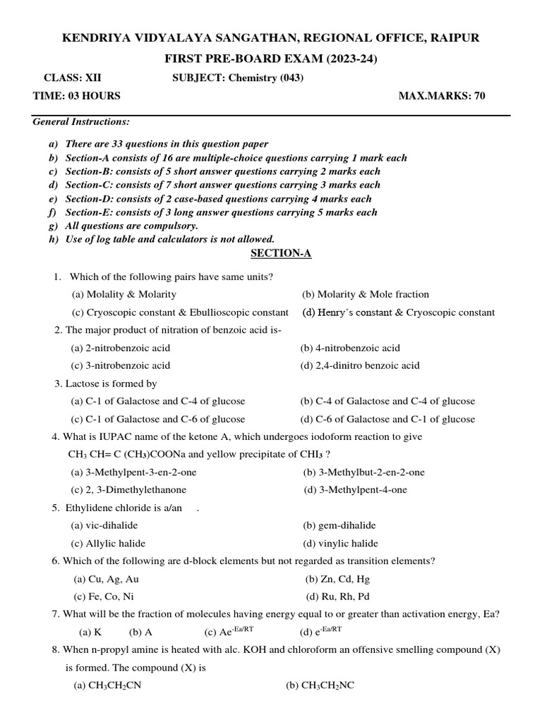 Chemistry Practice Question Paper Class 12 | PDF | Chemical Reactions ...