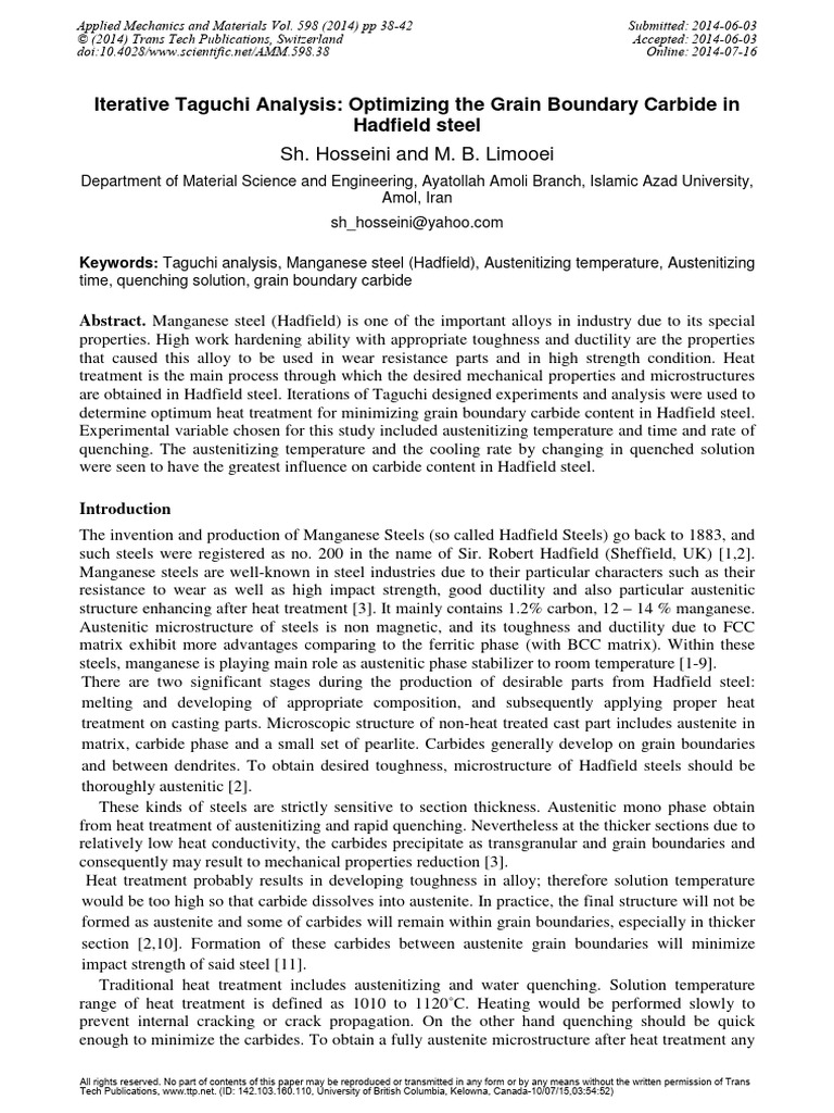 Iterative Taguchi Analysis Optimizing The Grain Boundary Carbide in Hadfield Steel (PAPER INGLÉS ...