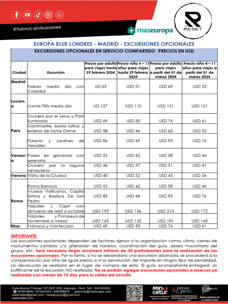 EUROPA BLUE LONDRES - MADRID - EXCURSIONES OPCIONALES | PDF | París | Roma