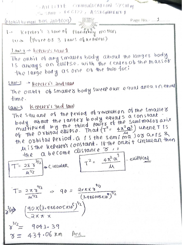 Satellite Communication Engineering Assignment 1 (2104029-Mohit Kumar Das) | PDF