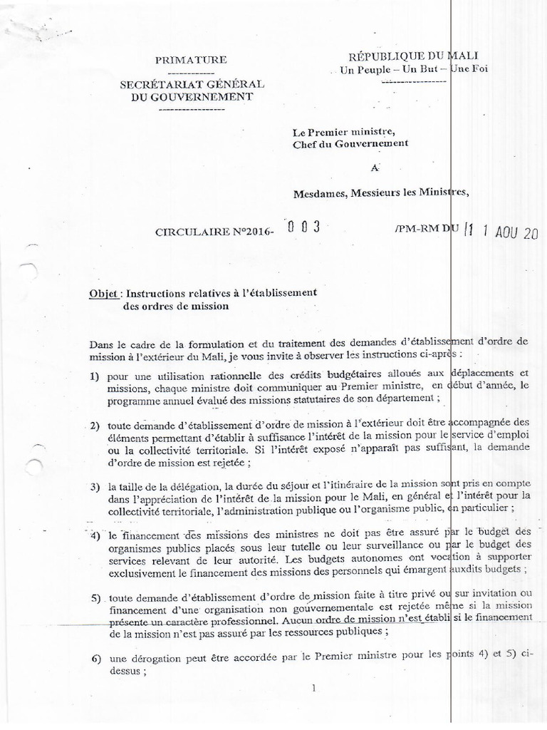 Circuilaire N°2016-003 Instruction Du PM Relatives A L'établissement ...