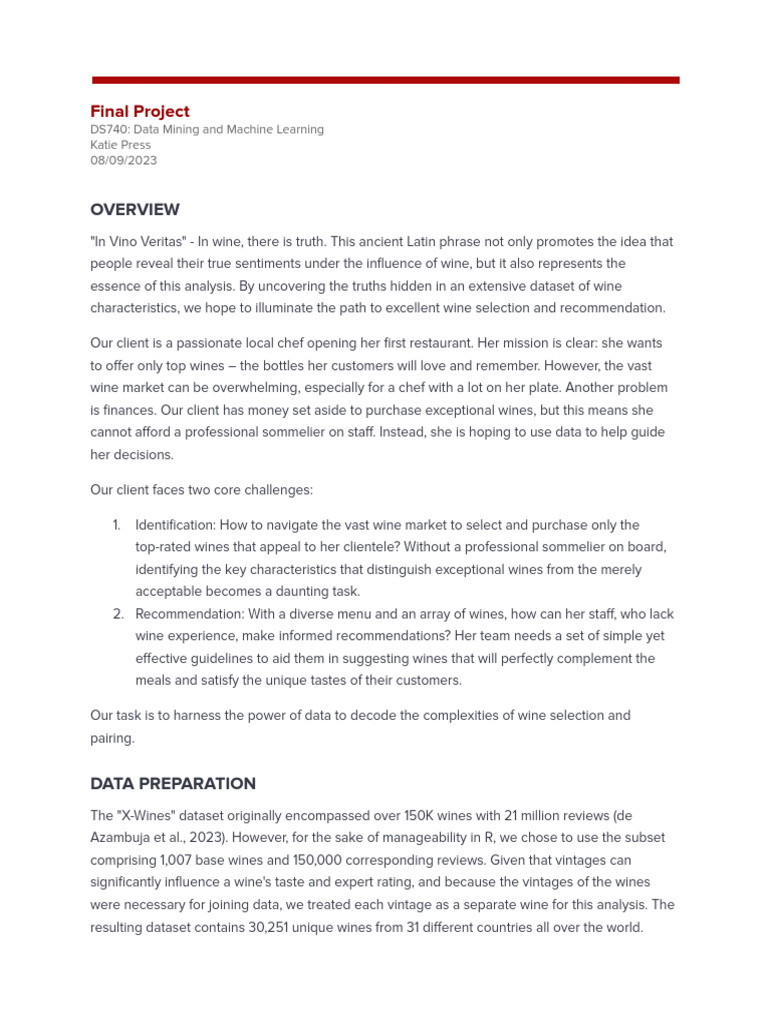 In Vino Veritas Data Mining and Machine Learning Final Project | PDF